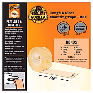 Gorilla Tough & Clear Double Sided Adhesive Mounting Tape, Extra Large, 1" x 150", Clear, (Pack of 1)