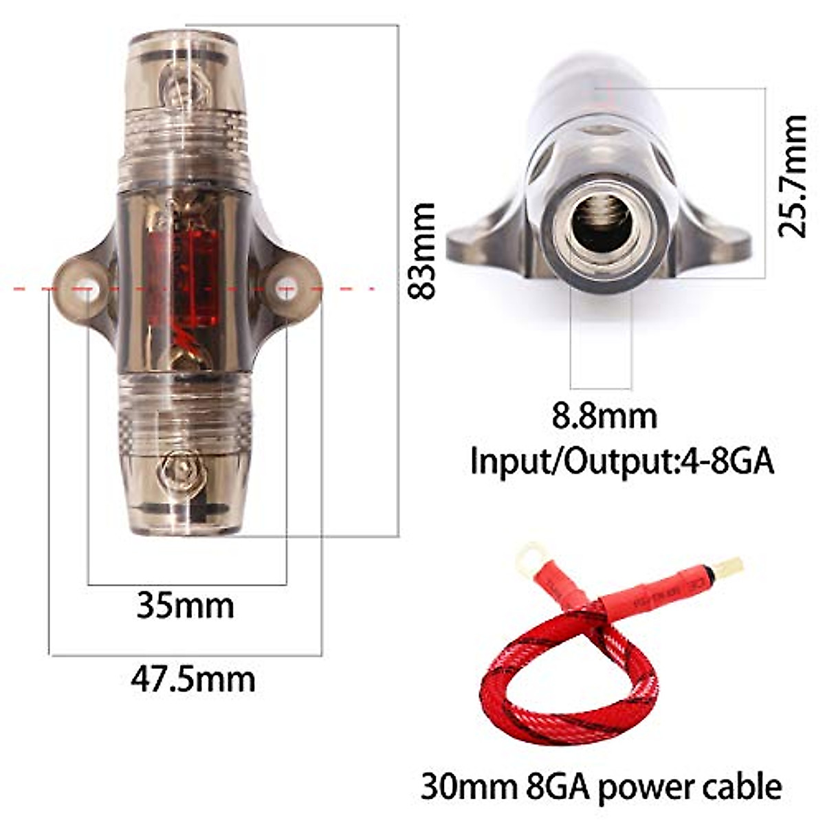 Magic source Inline 60A MANL Fuse Holder with 1ft 8 Gauge AWG Oxygen Free Copper Power Wire and O-Ring Copper Terminal to Protect Car Audio Amplifier from The Current (60A)