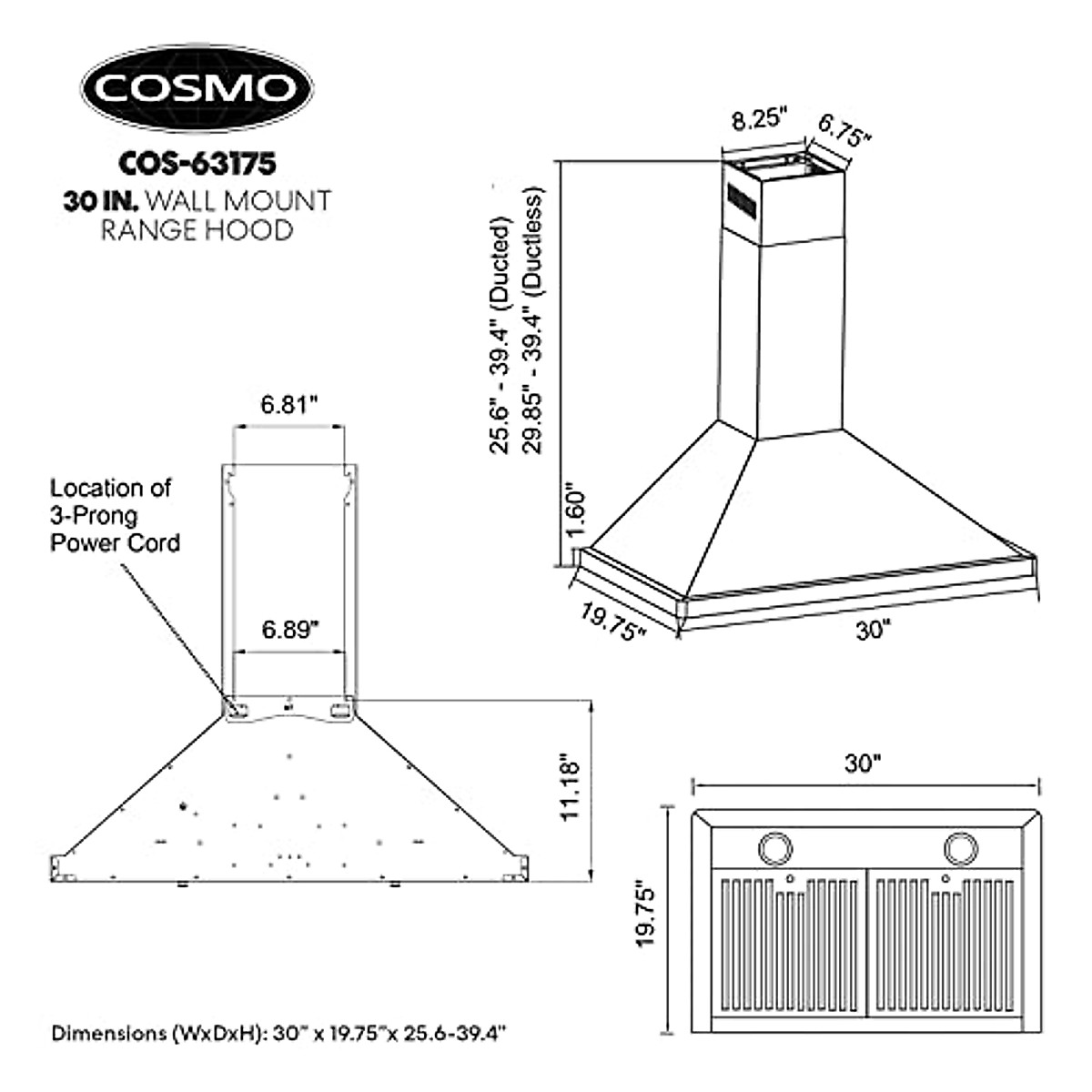 COSMO 63175 30 in. Wall Mount Range Hood with 380 CFM, Ducted, 3-Speed Fan, Permanent Filters, LED Lights, Chimney Style Over Stove Vent in Stainless Steel