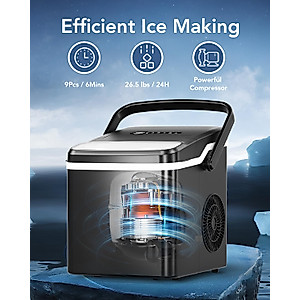 Kndko Ice Maker Countertop, Portable Ice Maker Machine with Handle, 26.5Lbs/24H, 9Pcs/6Mins, 2 Sizes of Bullet Ice, Self-Cleaning, Basket and Scoop, Ideal for Home/Office/Outdoor Use, Black