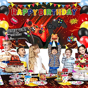 Video Game Birthday Party Decorations - 109Pcs Red and Black Gamer Gaming Party Supplies For Boys Birthday Party - Happy Birthday Gaming Backdrop, Table Cover, Hanging Swirls, Cupcake Topper, Cake Topper, Multi-Color Balloons and Foil Gamer Balloon