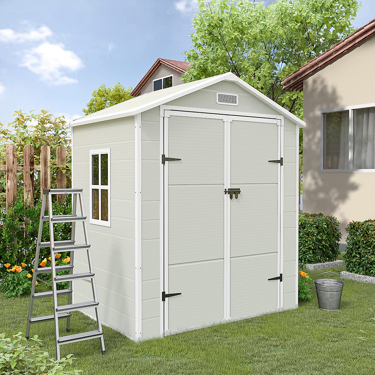 UDPATIO Outdoor Storage Shed 6x4.5 FT, Resin Outside Sheds & Outdoor Storage Plastic for Trash Can, Bike, Lawnmower, Generator, Tool Shed with Lockable Door for Backyard, Lawn, Patio, Sandstone