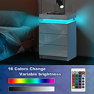 TUKAILAi Set of 2 Modern Nightstand with LED Light, High Gloss Bedside Table Cabinet with 3 Drawers and Top Storage, Chest of Drawers for Bedroom Living Room (White)