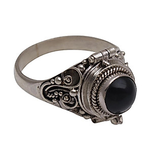 NOVICA Artisan Handmade Onyx Locket Ring 925 Sterling Silver from Bali Black Cocktail Indonesia Birthstone [crownbezel 0.5 in H x 0.4 in W x 0.3 in D Band Width 3 mm W] ' Gerhana Shrine'