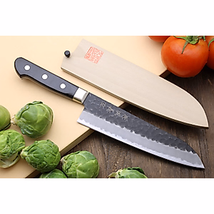 Yoshihiro Kurouchi Super Blue Steel Stainless Clad Santoku Multipurpose Chef Knife (7" (180mm) & Saya, Black Pakkawood Handle)
