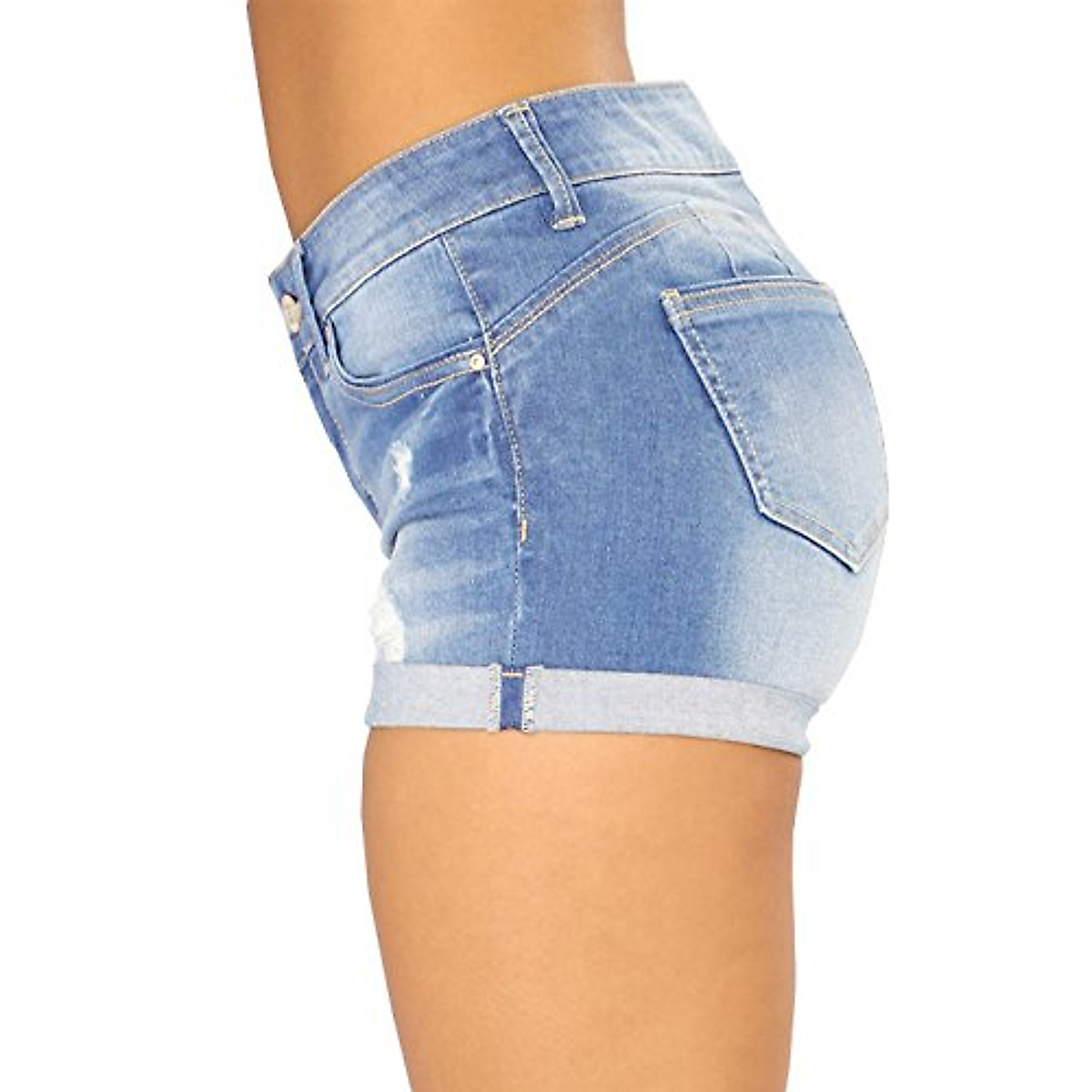 Govc Women Casual Summer Mid Waist Stretchy Denim Jean Shorts Junior Short Jeans(Light Blue,L)