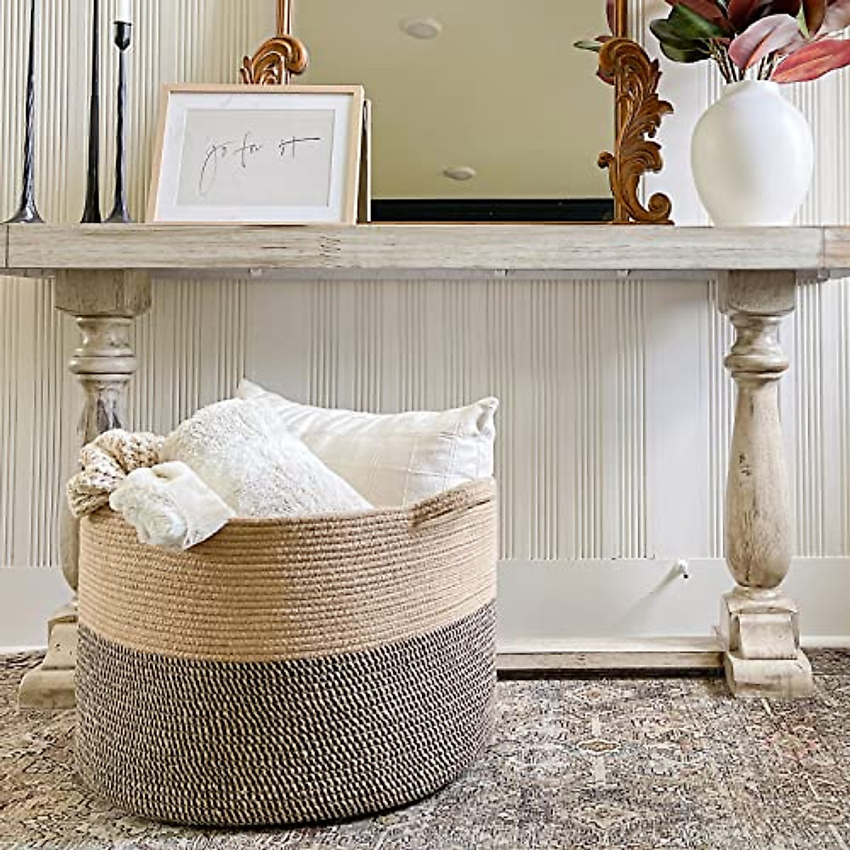 INDRESSME Extra Large Woven Baskets for Storage, 21.7 x 13.8 Blanket Basket Wicker Laundry Basket for Organizing Toy Pillow Shoe for Entryway &Living Room , Black Jute