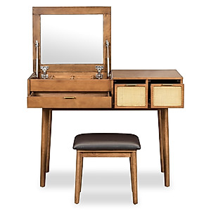 DOINUO 43.3" Wood Makeup Vanity Desk with Flip-top Mirror & Drawers, Vanity Dressing Table Set with Storage Space and Cushioned Stool, Vanity Makeup Desk Set for Bedroom Brown