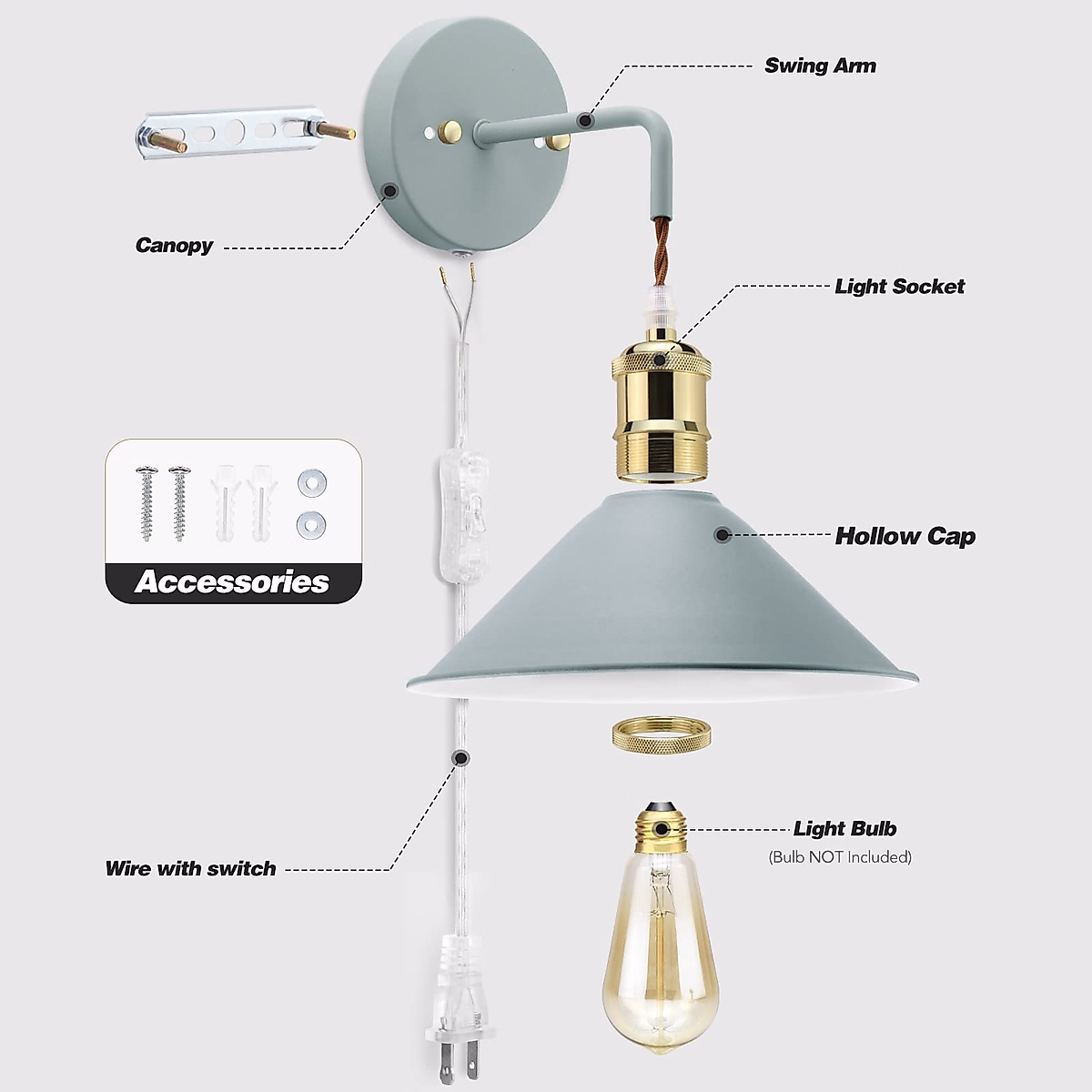 KEWANNO Plug in Wall Sconces, 2PACK Wall Lamp with Plug in Cord, Plug in Wall Light Sconces, Sconces Wall Lighting Plugin, E26 Modern Wall Light Fixtures (Blue)