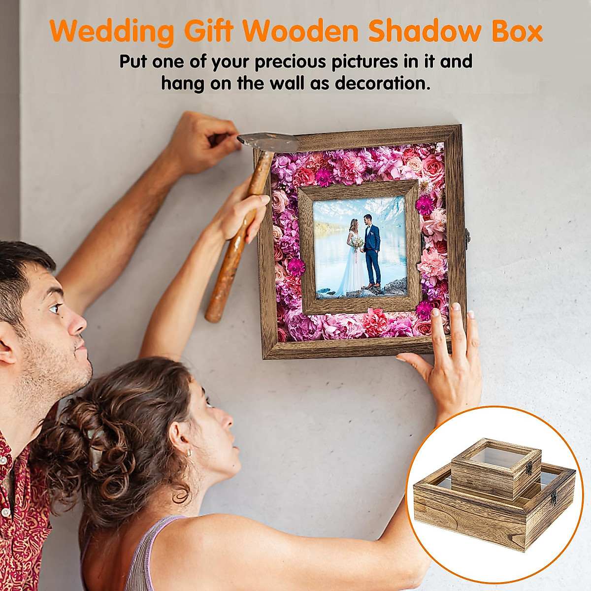 Wedding Gift Shadow Box Kit, 11” x 11” and 6” x 6” Wooden Shadow Boxes, Desktop Display Case with Transparent Lid, Wall Hanging Shadow Box Frame, Memory Box for Photos, Figurines, Jewelry, Tickets