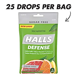 HALLS Defense Assorted Citrus Sugar Free Vitamin C Drops, Dietary Supplement Drops, 12 Bags of 25 Drops (300 Total Drops)