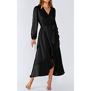 PRETTYGARDEN Women's Satin Fall Dress Semi Formal Satin Long Sleeve Wrap V Neck Ruffle Belted A-Line Flowy Maxi Dresses (Black,Small)