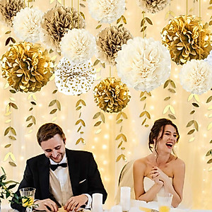 Gold White Party Decorations,12Pcs Hanging Tissue Paper Pom Poms,Pompoms Flowers for Engagement,Wedding,Birthday,Bachelorette,Bridal Shower Party Deco