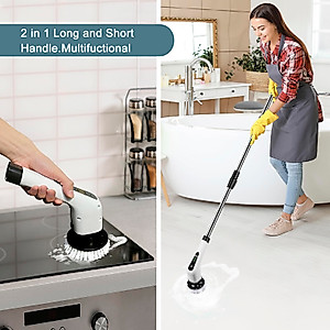 Electric Spin Scrubber, Cordless Bath Tub Power Scrubber with Long Handle & 7 Replaceable Heads, Detachable as Short Handle, Shower Cleaning Brush Household Tools for Bathroom & Tile Floor(White)