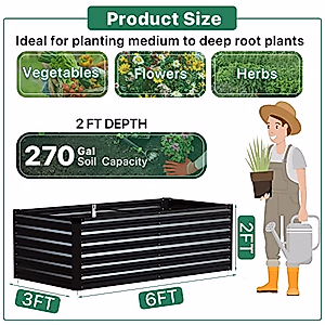 Raised Garden Bed, Galvanized Raised Garden Beds Outdoor for Vegetables Flowers Herbs, Steel Large Deep Root Planter Box, Tall Raised Garden Bed Kit with 1Pc Gloves and Metal Fix Stake, Black 6×3×2FT