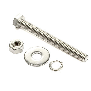 1/4-20 x 4 Hex Head Bolts with Hex Nuts and Thick Flat & Lock Washers, Fully Threaded, Stainless Steel 18-8, Plain Finish, 8 Sets
