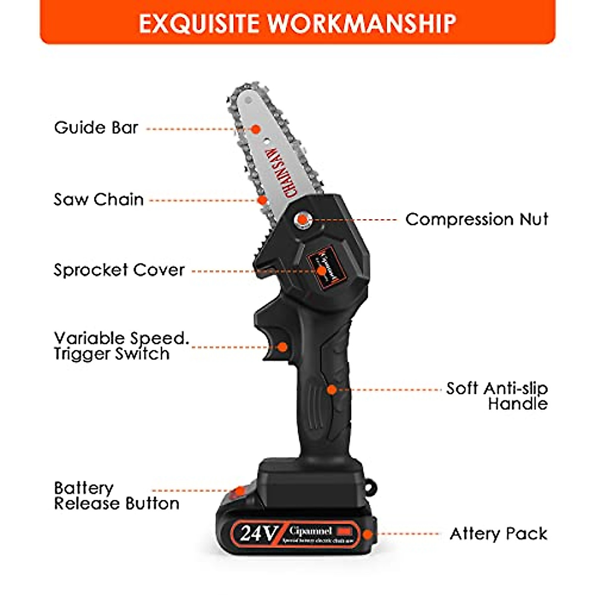 Mini Chainsaw, 4-Inch Portable Cordless Chain Saw with 24V 2pcs Rechargeble Batteries and 2 Chain, One-Handed Electric Chainsaw for Wood Cutting, Branches Pruning, Farming, and Garden Tree Trimming