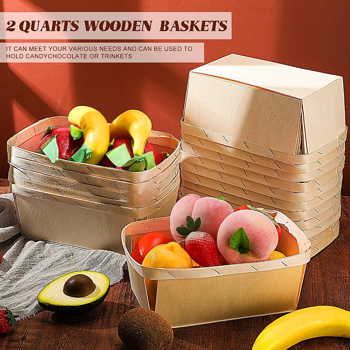 Bokon 30 Pcs Wood Berry Basket Bulk 2 Quarts Berry Picking Wooden Baskets Wood Fruit Pint Containers Vented Wooden Boxes for Picking Food Storage Gift Art Craft Decor 8.9 x 5.7 x 3.5 Inch