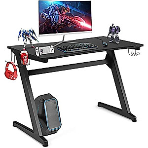 Goplus 45.5 Gaming Desk, Z Shaped Racing Game Table with Carbon Fiber Surface, Mouse Mat, Headphone Hook, Cup Holder, Game Handle Rack, Ergonomic Home Office Computer Table Gamer Workstation