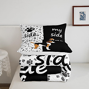 Lovely Dog Paw Comforter Set Full,Cute Puppy Bones Bedding Set Black and White Animal Theme Down Comforter Ultra Warm Dog Side My Side Quilted Duvet for Kids Boys Girls Couple with 2 Pillow Shams