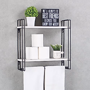 Industrial Pipe Shelving,Iron Shelves Industrial Bathroom Shelves with Towel bar,16.9in Rustic Metal Pipe Floating Shelves Pipe Wall Shelf,2 Tier Industrial Shelf Wall Mounted,Retro White