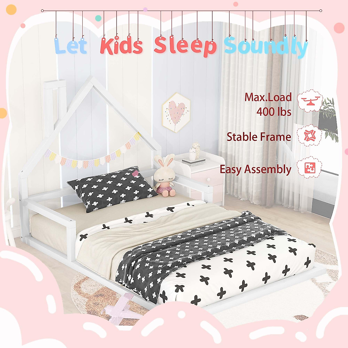 Floor Bed for Kids, Full Size Montessori Bed with House Shape Headboard and Railings, Wood House Bed with Slats for Boys Girls, Low to Ground Height, No Box Spring Needed, White
