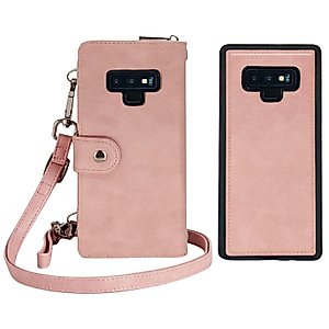 MODOS LOGICOS Crossbody Bag for Samsung Galaxy Note 9 6.4", [Shoulder Wrist Straps] [Zipper Storage] [11 RFID Card Slots 3 ID Window] PU Leather Purse with Removable Inner Magnetic TPU Case - RoseGold