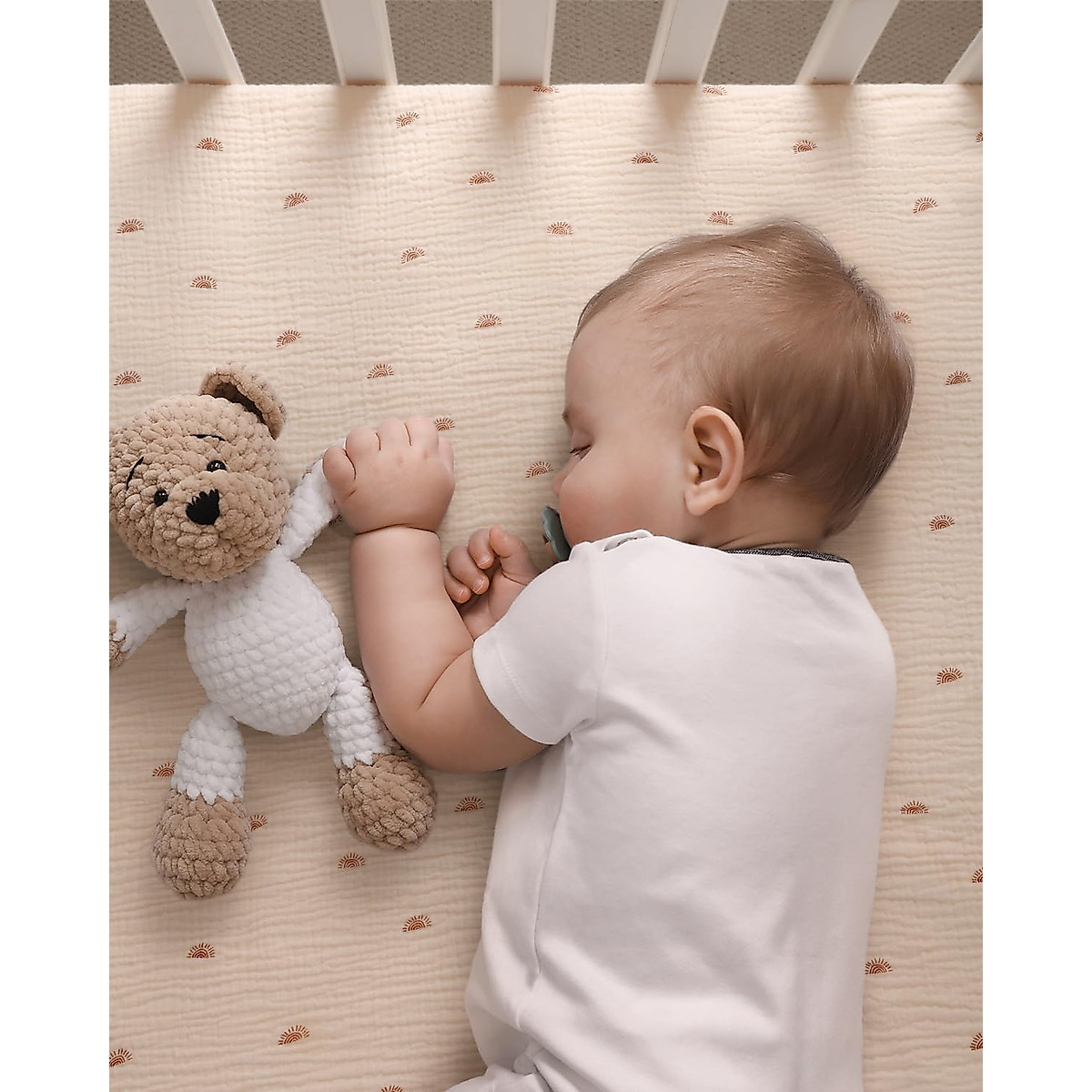 Muslin Crib Sheets for Girls and Boys, Cotton Boho Neutral Fitted Baby Crib Sheet for Standard Crib Mattress & Toddler Bed Mattress (52"x28"), Soft Breathable Baby Sheets 2 Pack (Sunshine&Brown)