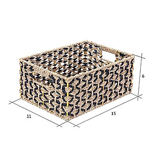 Villacera Rectangle Hand Weaved Wicker Baskets made of Water Hyacinth | Nesting Black and Natural Seagrass Bins | Set of 2