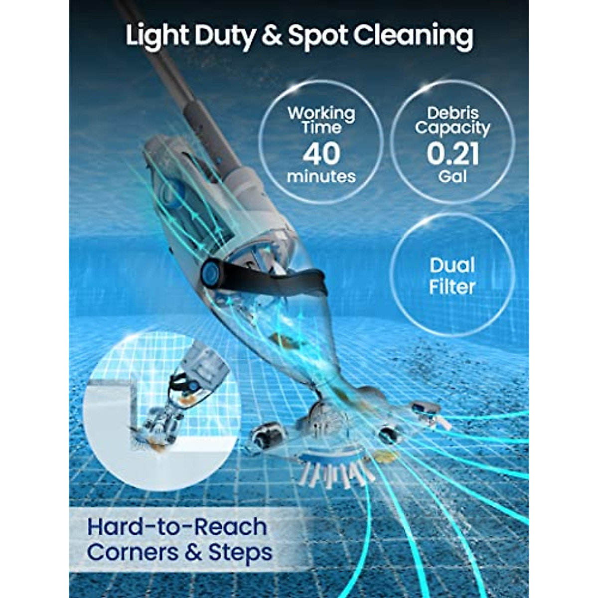 KOKIDO Swimming Pool Vacuum - Cordless Pool Cleaner - Debris Filtration for Above Ground and Inground Pools, Hot Tubs, Spas - Handheld Rechargeable Sweeper - XTROVAC 210 (NO Pole)