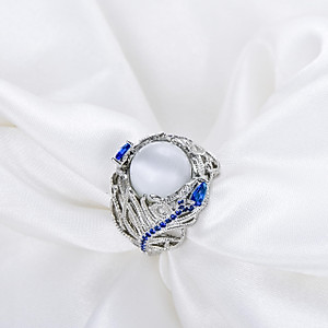 Unique 925 Sterling Silver Floral Ring Moonstone Treasure Blue Sapphire Diamond Jewelry Luxury Exaggerated Engagement Cocktail Party Wedding Band Rings for Women Size 6 - 10 (Blue sapphire,7)