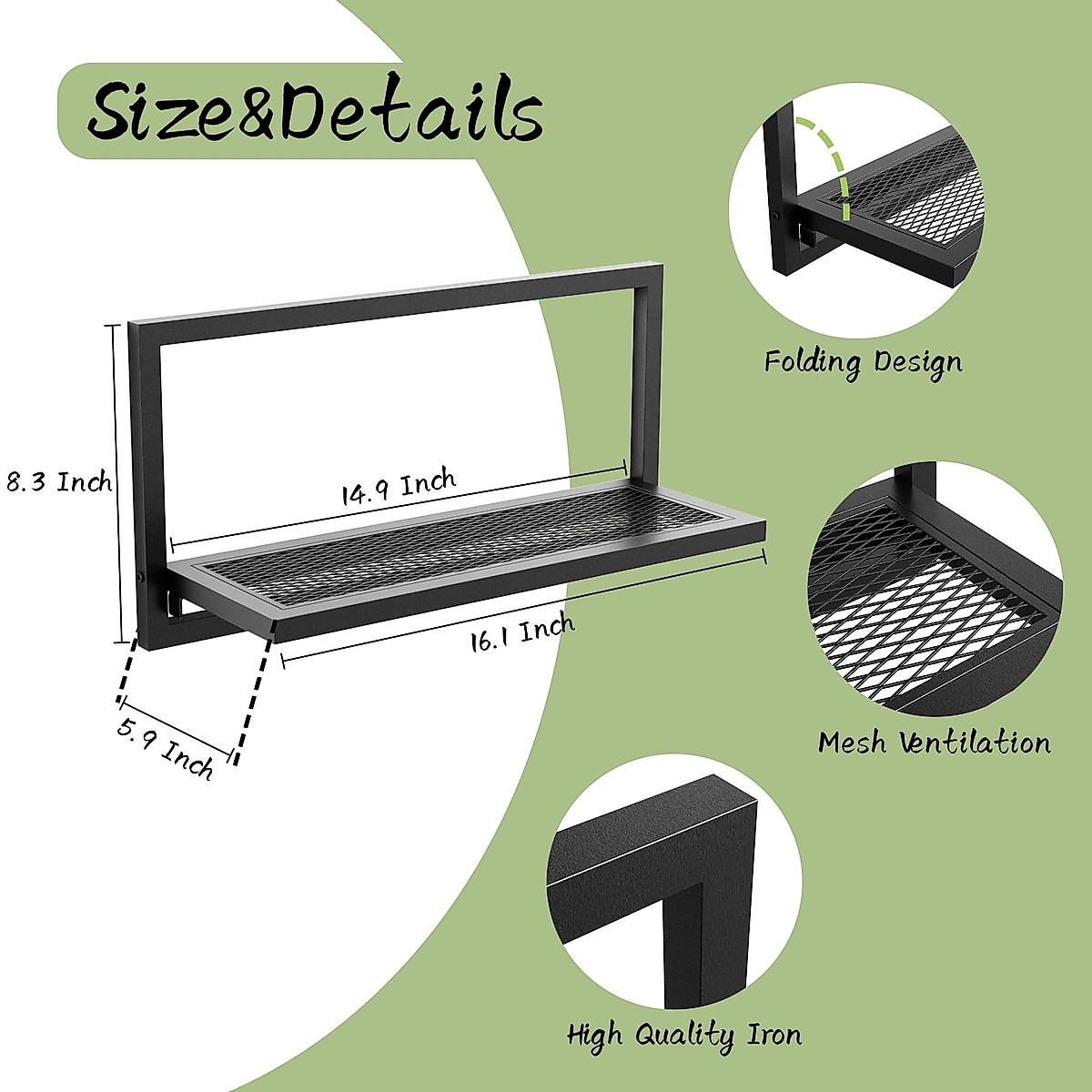 YEMNMFH 16 Inch Folding Wall Shelf - Modern Iron Foldable Wall Shelf, Mesh Panel Small Folding Shelf, Metal Wall Shelf for Home Decor, Fold Down Shelf for Bathroom,Kitchen,Bedroom,Office&Living Room