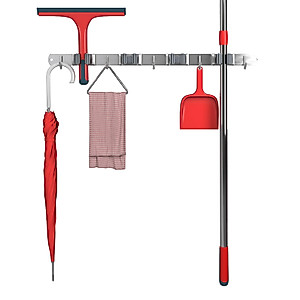 Mop and Broom Holder Wall Mount, Keep your Closet and Garage Tidy with a Heavy Duty Wall Mounted Mop and Broom Holder, - Utility Rack Laundry Room Organization and Storage Tool Rack Organizer Hooks