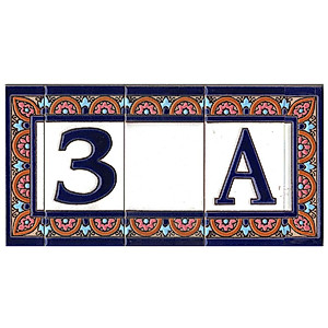 Toro del Oro - House Number - Number for House, Glazed Ceramic, Hand Painted Spanish Technique Cuerda Seca, Names and Addresses, Blue Bow Model 5.5 x 10.5 cm (5)