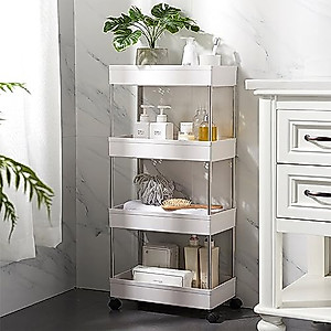 Camidy Rolling Storage Cart, 4-Tier Bathroom Organizer Utility Cart Laundry Room Organization Mobile Shelving Unit with Hooks, Lockable Wheel for Kitchen Bedroom Office