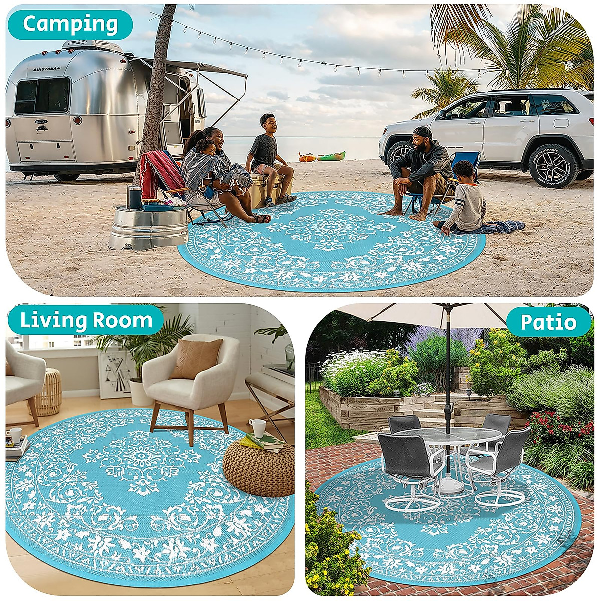 HEBE Round Outdoor Area Rug for Patios Clearance 6Ft Waterproof Mat Reversible Plastic Camping Door Mat, Circle Outside Carpet for RV, Camper,Porch,Deck,Balcony,Backyard