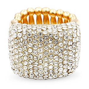 Lavencious Half Cube Shape with Crystals Stretch Rings Statement Rings Free Size for Women (Gold + Clear Crystals)