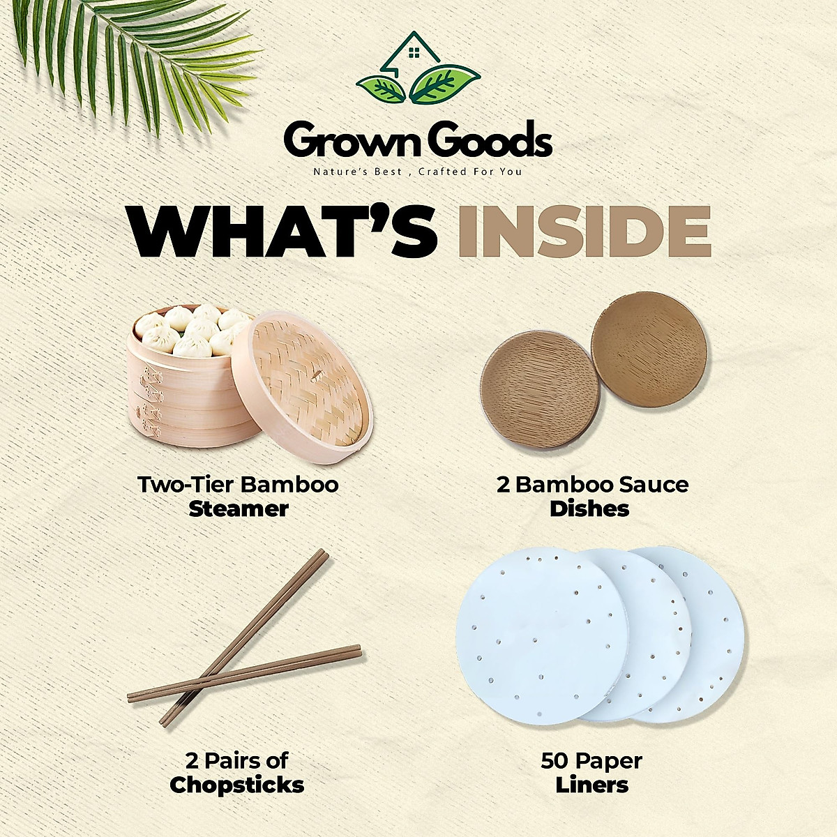 Grown Goods Bamboo Steamer Handmade Basket with Lid | 10 inch 2 Tier Steaming Basket Traditional Design | For Dumplings, Rice, Dim Sum, Vegetables, Fish, and Meat | Includes 50 liners, 2 bamboo sauce