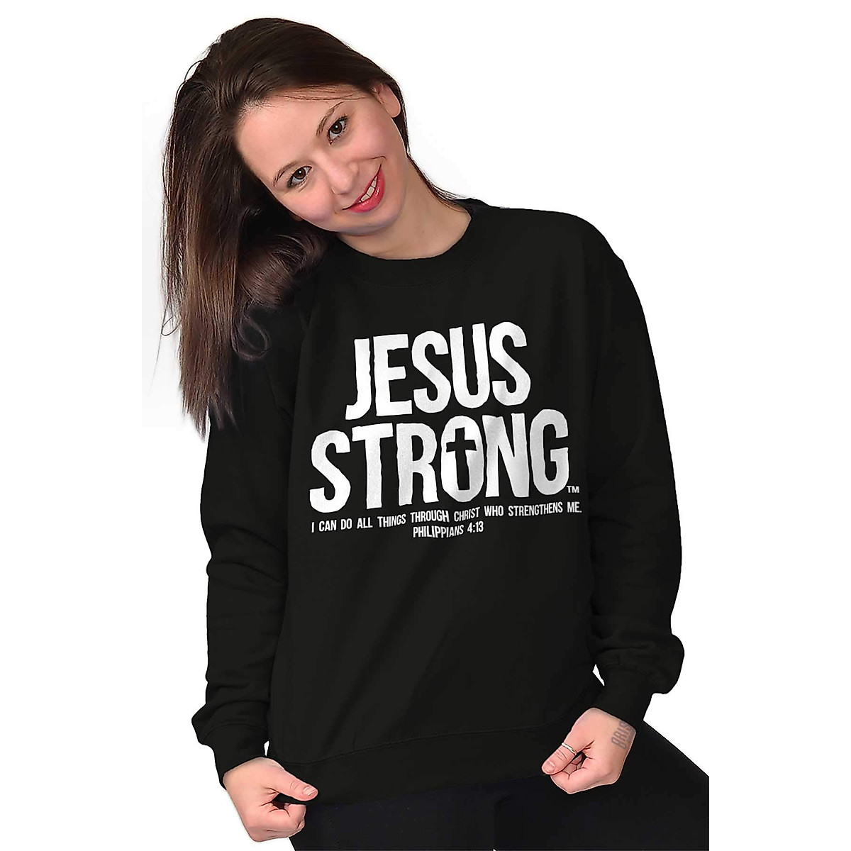 Jesus Strong Philippians 4:13 Bible Sweatshirt for Men or Women Black