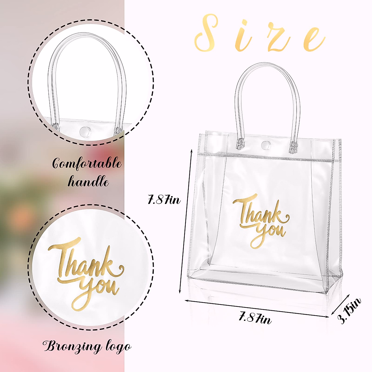 50 Packs Clear Plastic Gift Bags with Handle Transparent PVC Plastic Gift Wrap Tote Bag Reusable Small Clear Gift Bags for Shopping Birthday Wedding Baby Shower Party Favor(7.8 x 7.8 x 3.1 Inch)