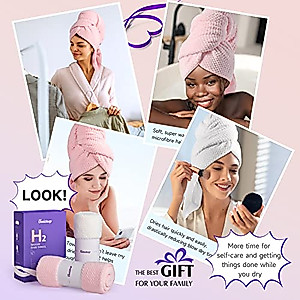 Umisleep Extra Large Microfiber Hair Towel for Women Curly, Long, Thick Hair, 2 Pack Ultra Absorbent Hair Drying Towel Wrap, Super Soft Anti Frizz Hair Turban with Elastic Loop (White, Pink)