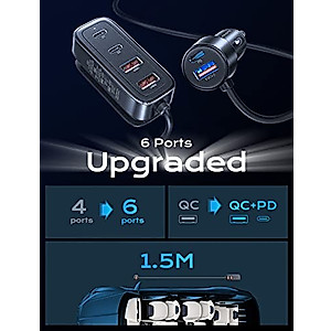 AINOPE 90W USB C Car Charger 6-Port, Super Fast USB Car Charger Fast Charging, PD 30W & QC3.0 Cigarette Lighter Car USB Charger Multi Port with 5FT Cable for iPhone 14/iPad Pro/Samsung S23 Ultra