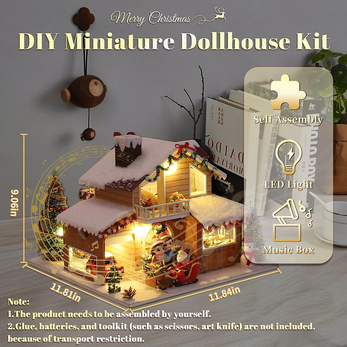 DIY Miniature Dollhouse Kit, 3D Wooden Puzzle Christmas Tiny House Model Kit with Music Box LED Light Dust Proof Cover, 3D Wooden Puzzle for Adults Couple, Handmade Crafts Home Decor Gift (Snow Villa)