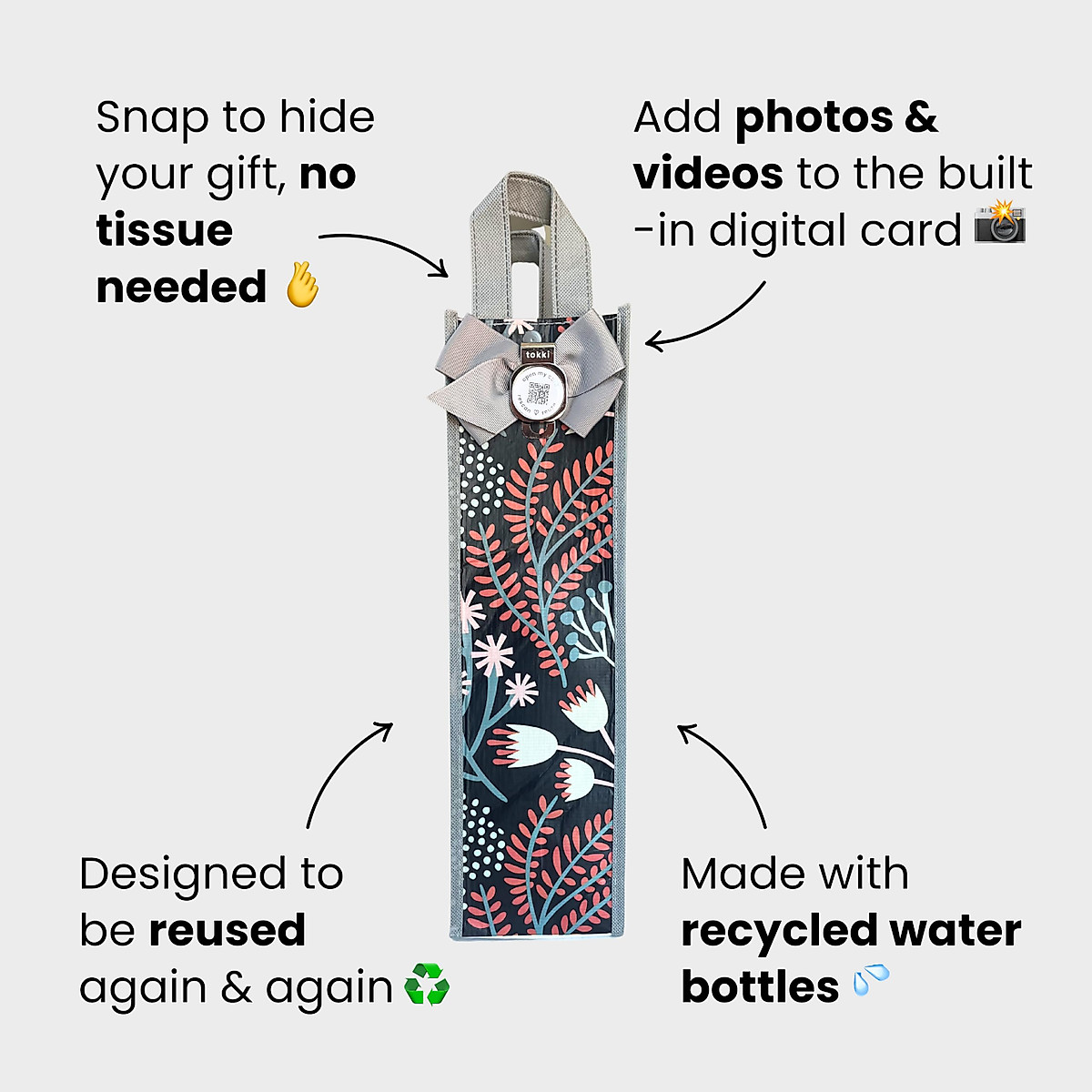 Tokki Reusable Wine Gift Bag with Handles and Built-In QR Greeting Card | Add Photos, Videos, or GIFs to Wine Bag for Birthday Gift, Thank You Gift, Retirement Gift, Hostess Gift | Inspire