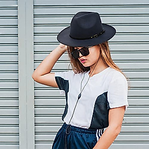 Women Classic Wide Brim Fedora Hat, 4 Pack Retro Panama Hat Wool Fedora Hat with Belt Buckle (Black+Wine Red+Navy Blue+Beige)