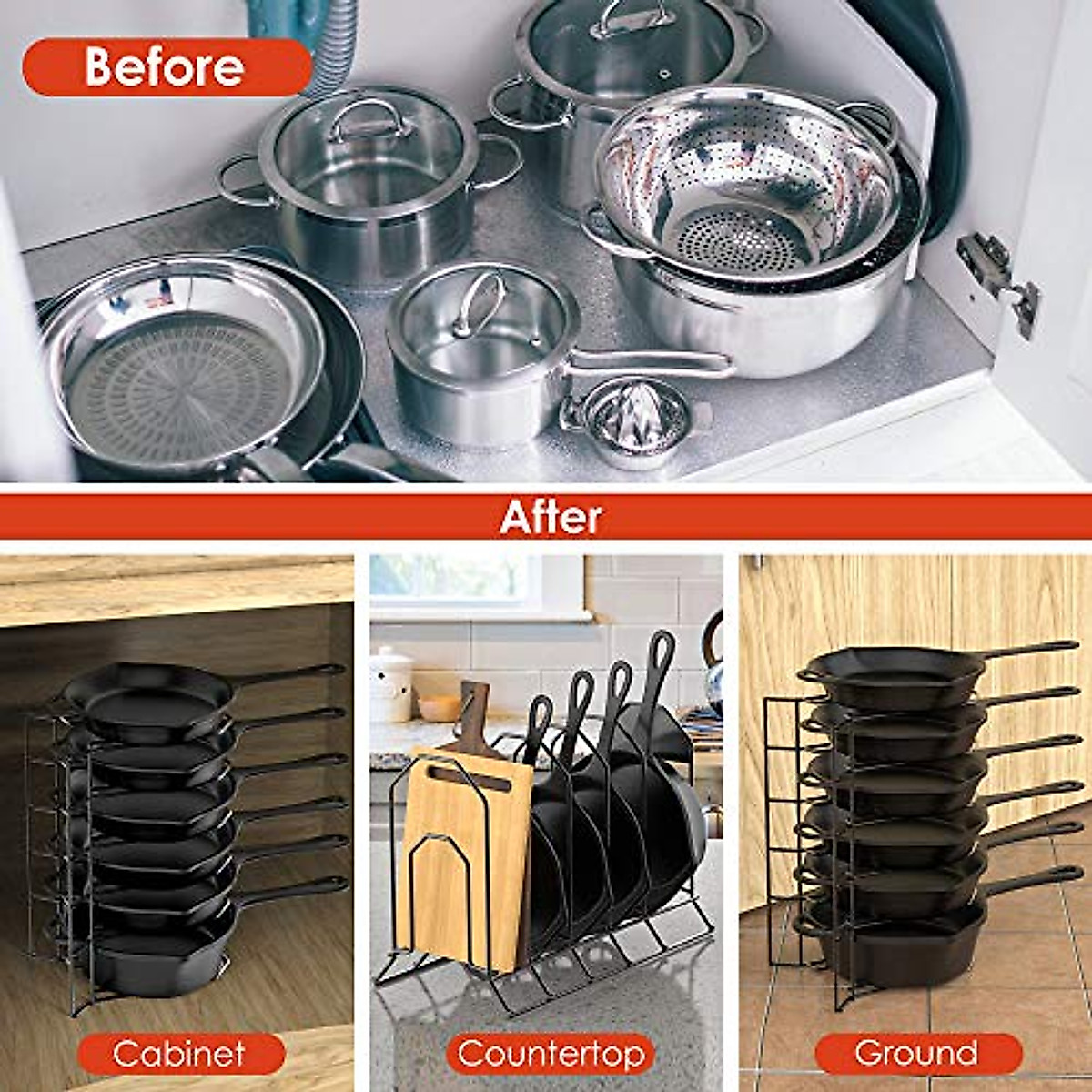 8 Tiers Pots and Pans Organizer with 3 DIY Methods and 6 Tier Heavy Duty Pan Organizer Bundle