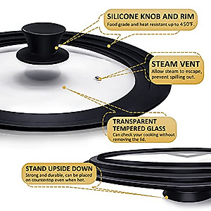 Ydeapi Universal Lid for Pots, Pans and Skillets, Pot Lid With Heat Resistant Silicone Rim and Tempered Glass,Fits 10", 11", 12" Diameter Pots and Pans