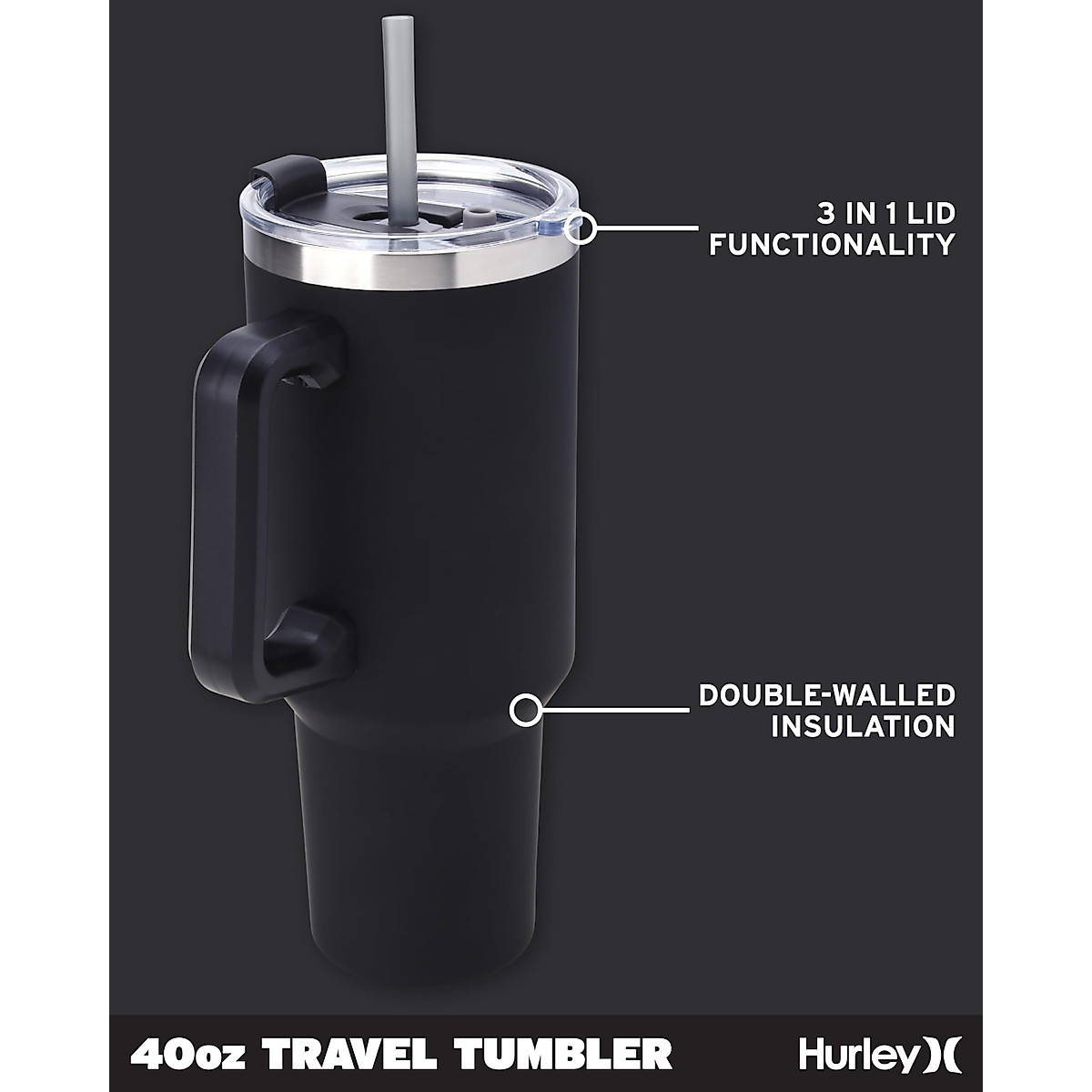 Hurley Tumbler Thermos - 40oz Double Wall Vacuum Insulated Travel Mug with Handle - BPA Free Stainless Steel Water Bottle - Leak Proof Hot and Cold Coffee Car Cup, Size 40 Ounces, Black Solid Rubber