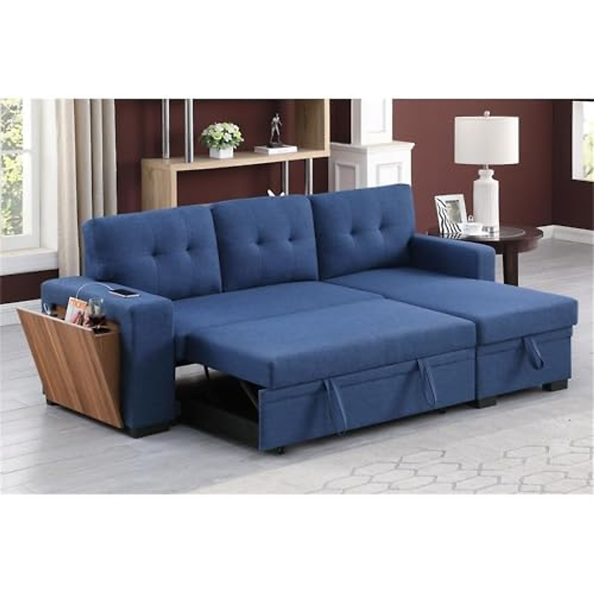 Devion Furniture 92" W Modern L-Shaped Polyester Fabric Upholstered Reversible Side Compartment Sleeper Sectional Sofa Bed with Chaise in Blue Finish
