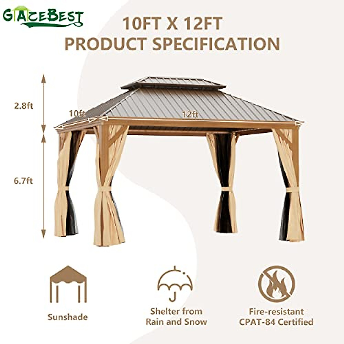 GAZEBEST 10'x12' Hardtop Gazebo Outdoor Aluminum Patio Gazebo Double Roof Galvanized Steel Gazebo Canopy Wooden Finish Coated with Netting and Curtains,for Garden Patio,Patio Backyard,Deck and Lawns